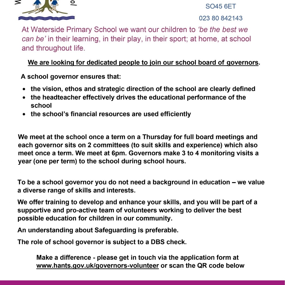 Waterside Primary School - School governors required!